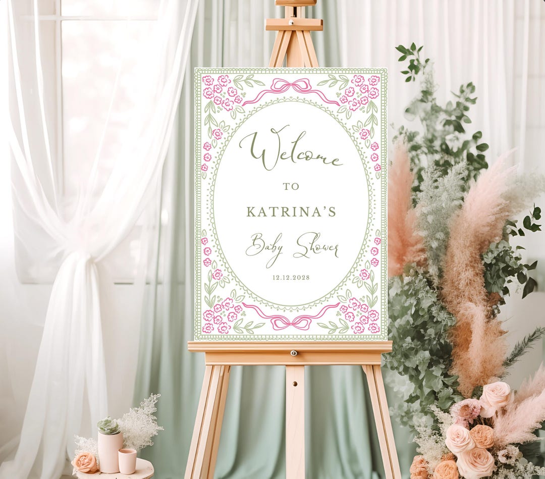 Floral Bow Welcome Sign, Girl Baby Shower Welcome Sign Template, Pink ...