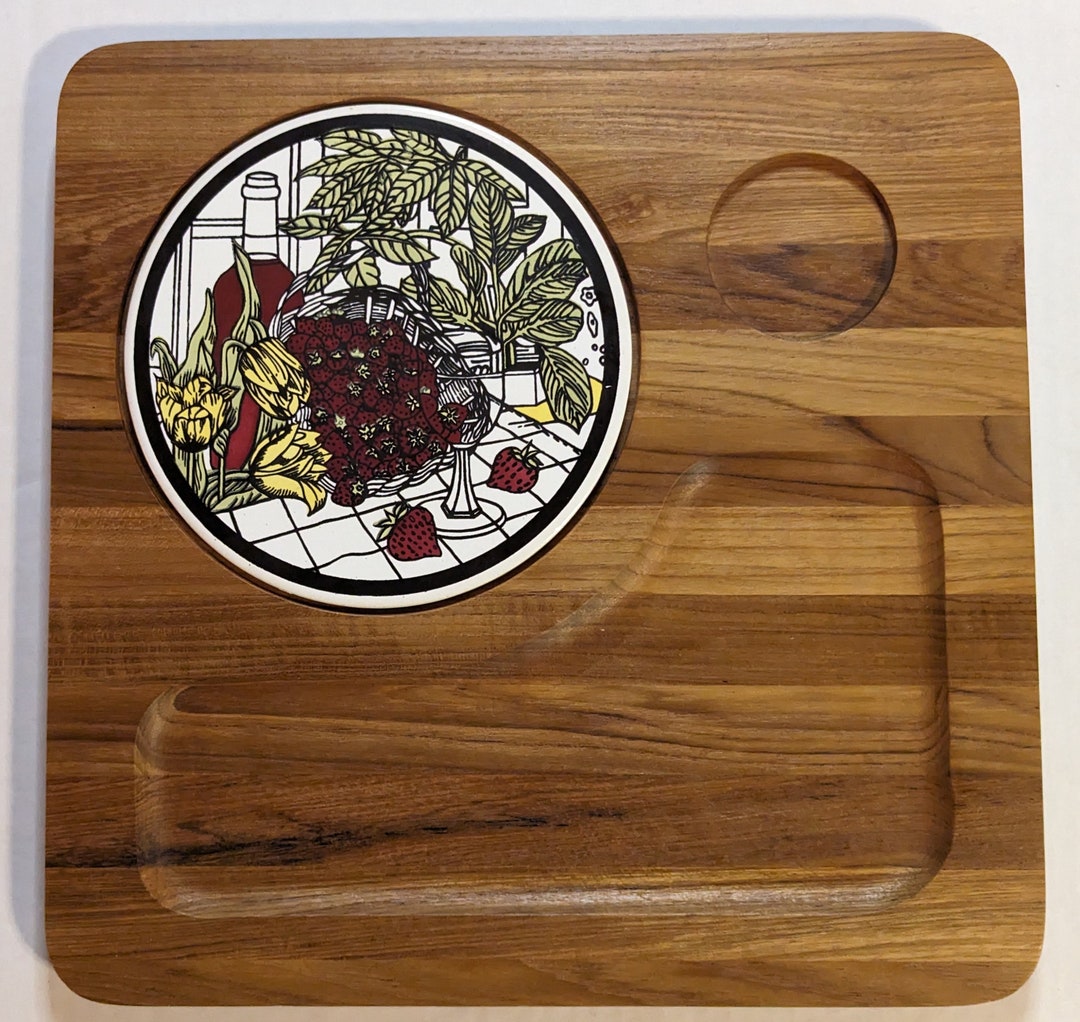 Vintage Mid Century Dolphin Teakwood Cheese Board Appetizer Tray Floral ...