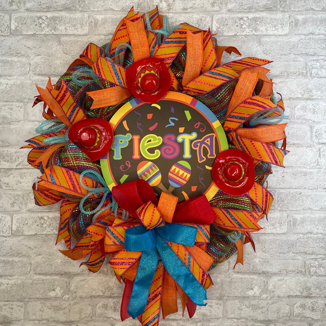 Fiesta Front Door Wreath, Deco Mesh Cinco De Maya Wreath, Cinco De Mayo ...