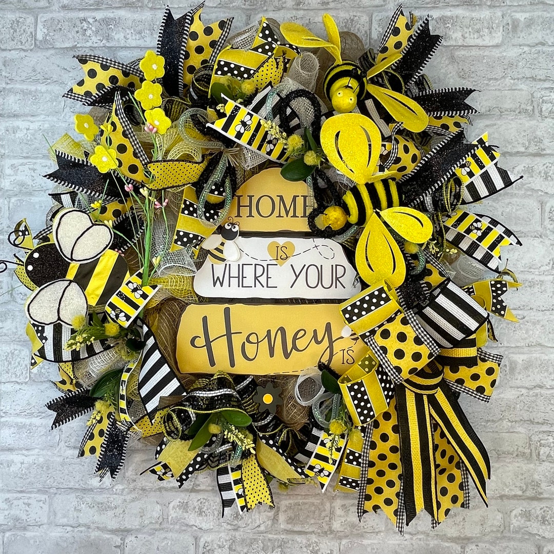 Bee Front Door Deco Mesh , Bumble Bee Wreath, Bee Hive Decor, Black and ...