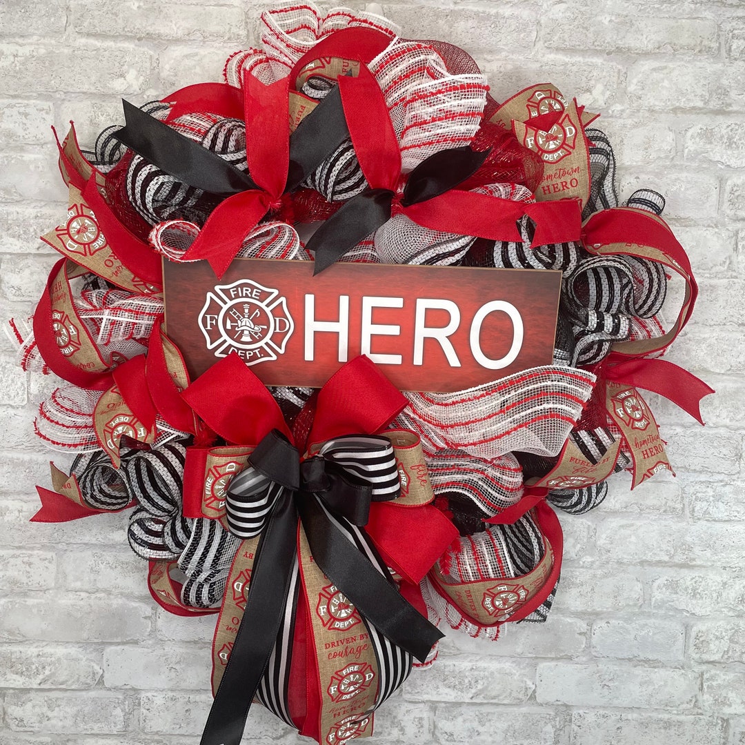 Fireman Wreath, Service Wreath for Front Door. Fireman Deco Mesh Wreath ...