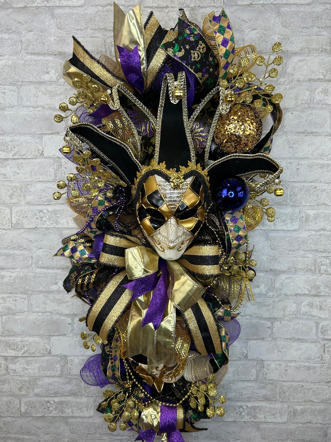 Large Deco Mesh Mardi Grau Front Door Swag, Fat Tuesday Decor, Jester ...