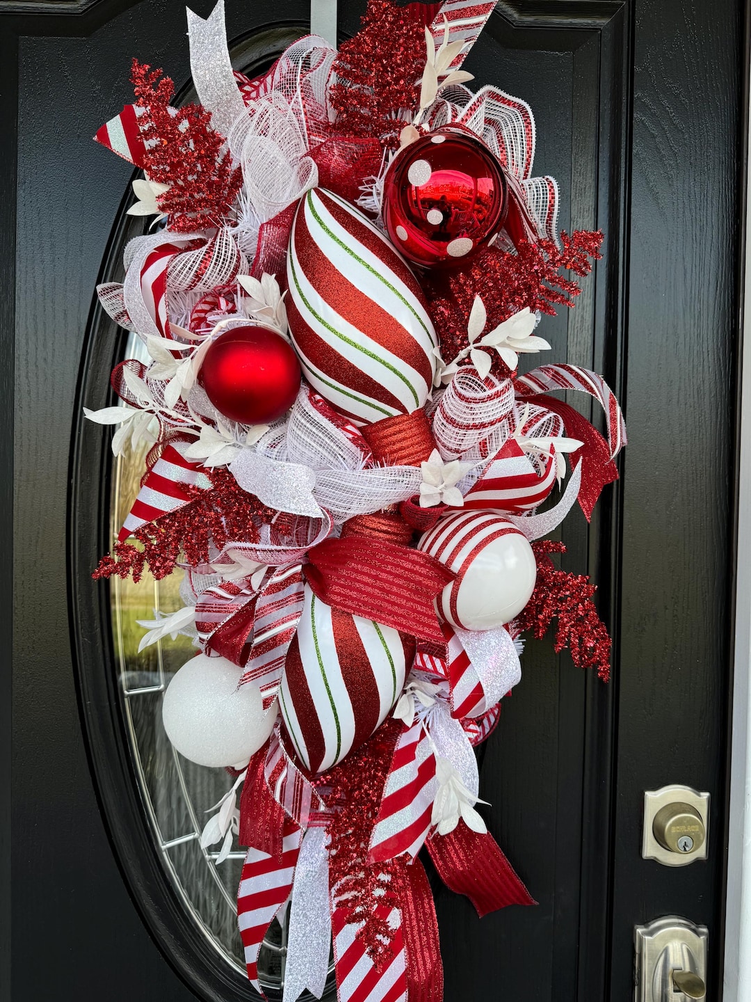 Large Christmas Peppermint Front Door Swag, Candy Cane Deco Mesh Wreath ...
