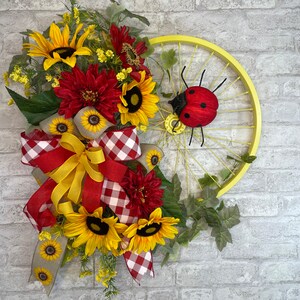 Spring Sunflower Door Hanger, Summer Ladybug Bicycle Wheel, Mothers Day ...