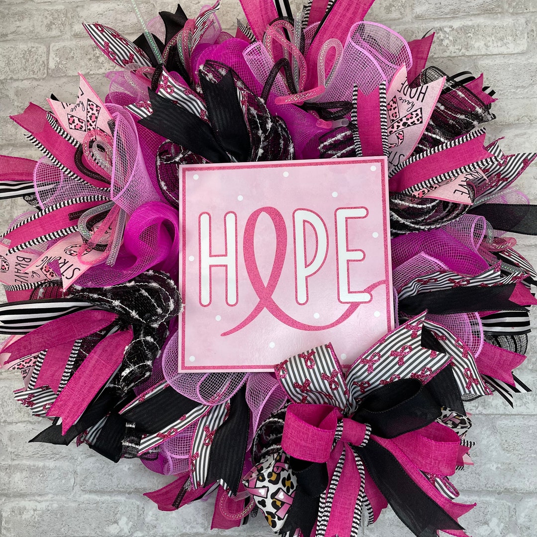 Large Breast Cancer Deco Mesh Wreath, Hope Pink and Black Awareness ...