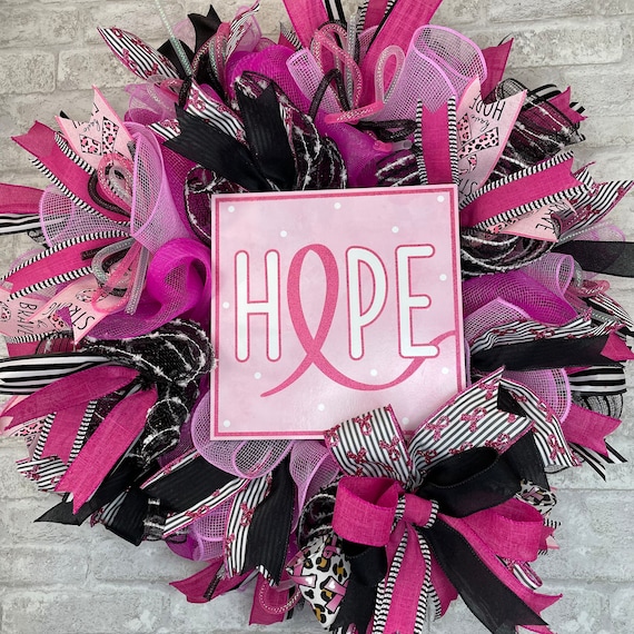 Large Breast Cancer Deco Mesh Wreath Hope Pink and Black - Etsy