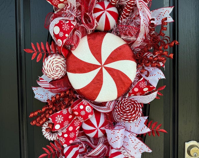 Christmas Swag, Candy Cane Front Door Wreath, Candy Cane Swag, Red and ...