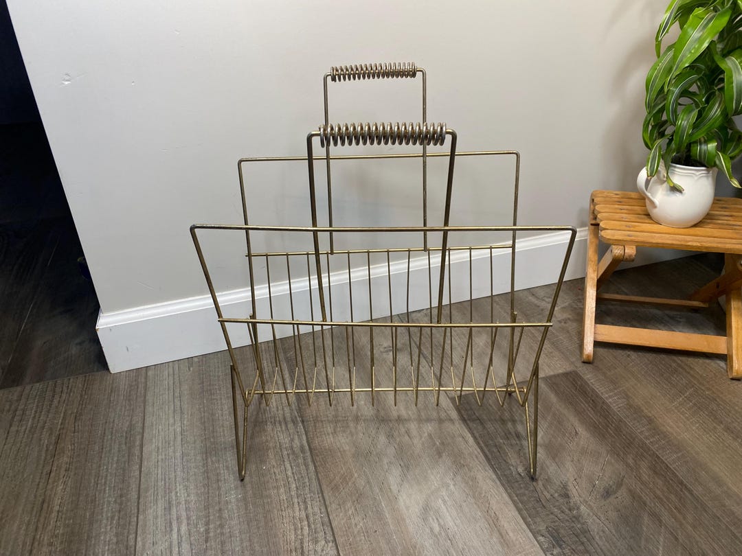 Vintage Mid Century Gold Metal Wire Magazine Rack Record LP Album Stand ...