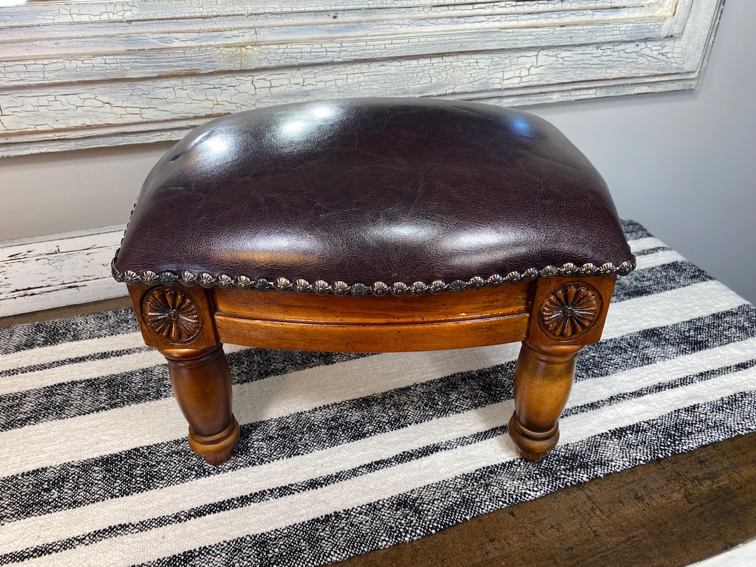 Black Vinyl Foot Stool With Wood Legs - Etsy