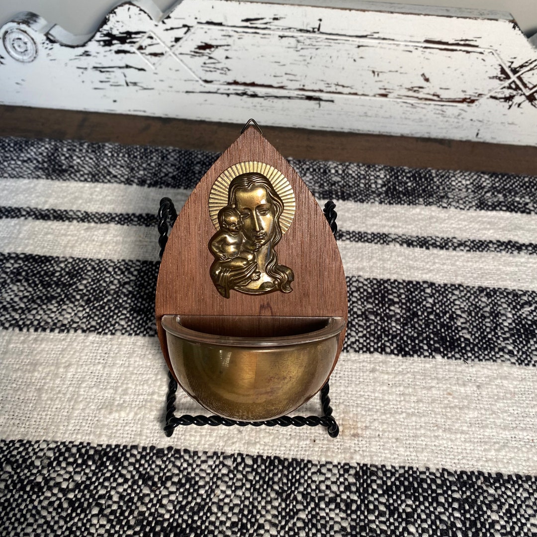 Vintage Catholic Holy Water Wood Brass Font - Etsy