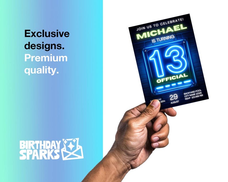 Neon 13th Birthday Invitation Template: Editable Boys Party Invite ...