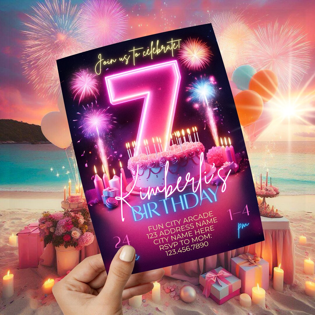 Premium Girl's 7th Birthday Invitation Template, Neon Invites for Girls ...