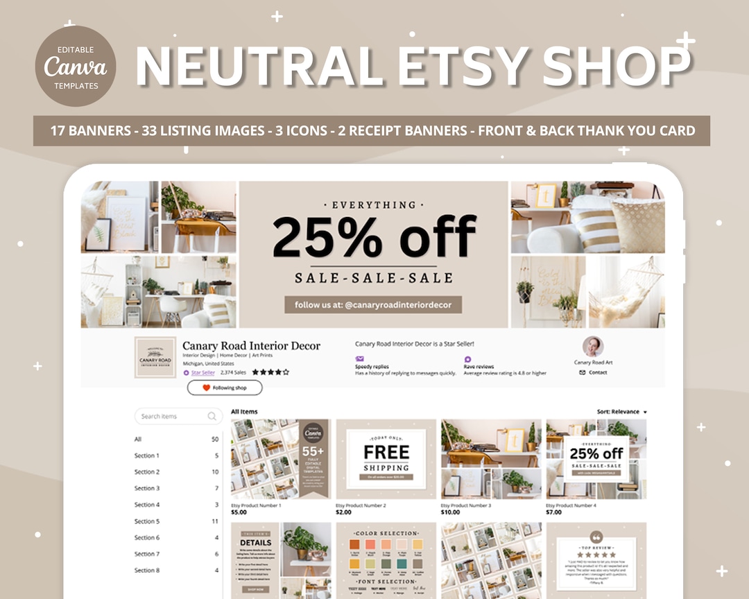 Etsy Shop Kit Minimal Neutral Beige Canva Template, Store Banner and ...