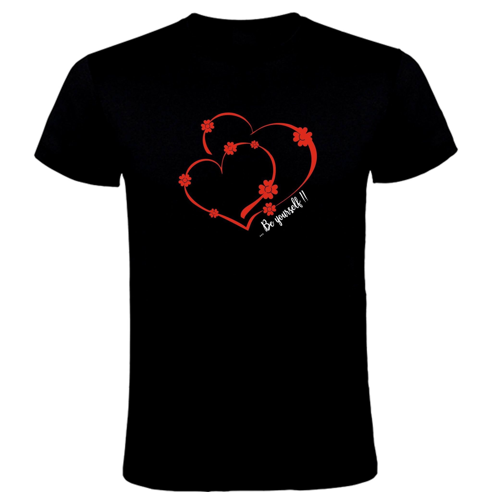 Two Hearts Be Yourself Print T-shirt, Summer Short Sleeve T-shirt, Love ...