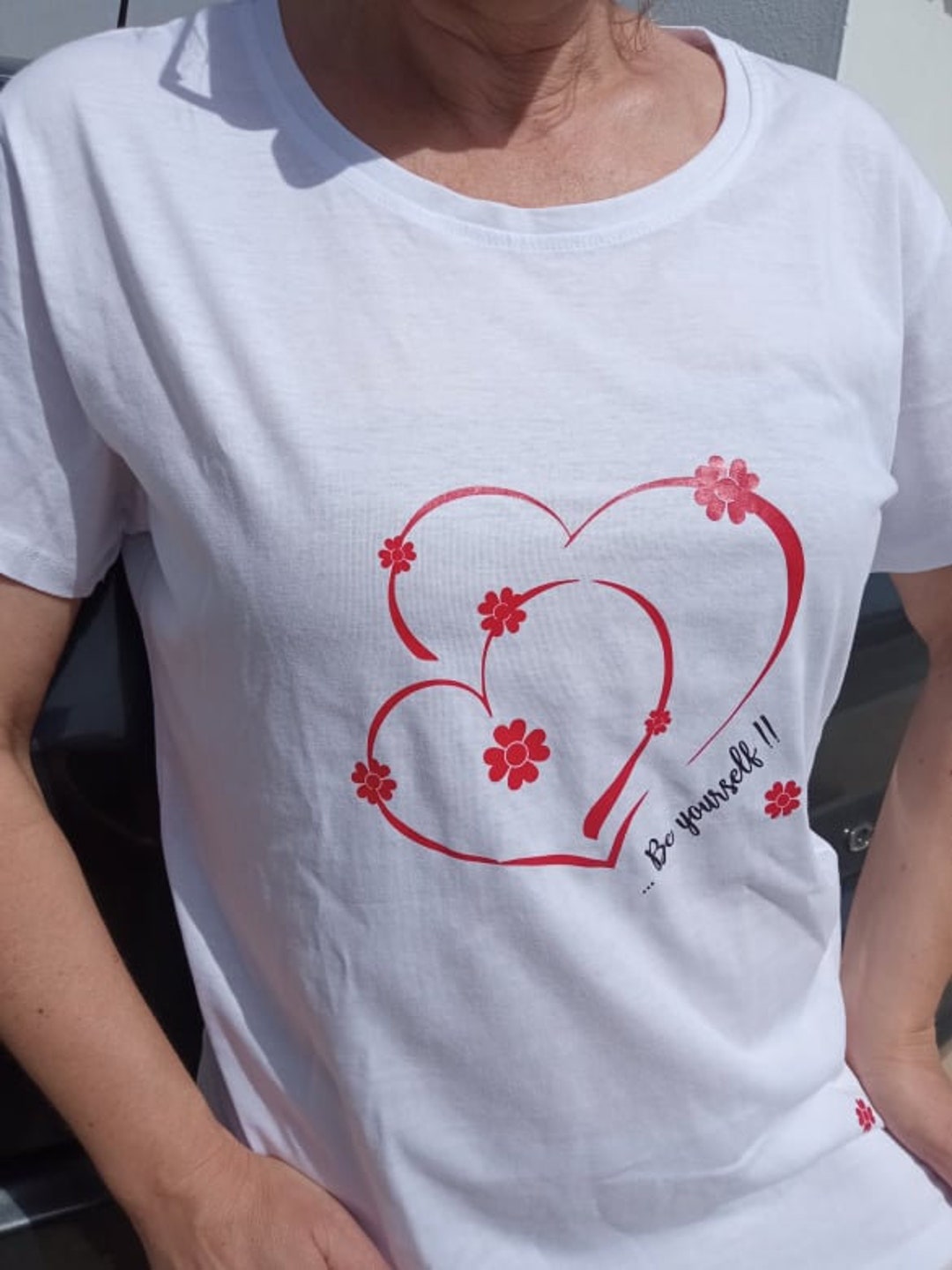 Two Hearts Be Yourself Print T-shirt, Summer Short Sleeve T-shirt, Love ...