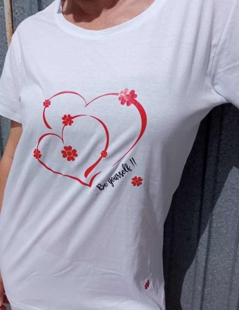 Two Hearts Be Yourself Print T-shirt, Summer Short Sleeve T-shirt, Love ...