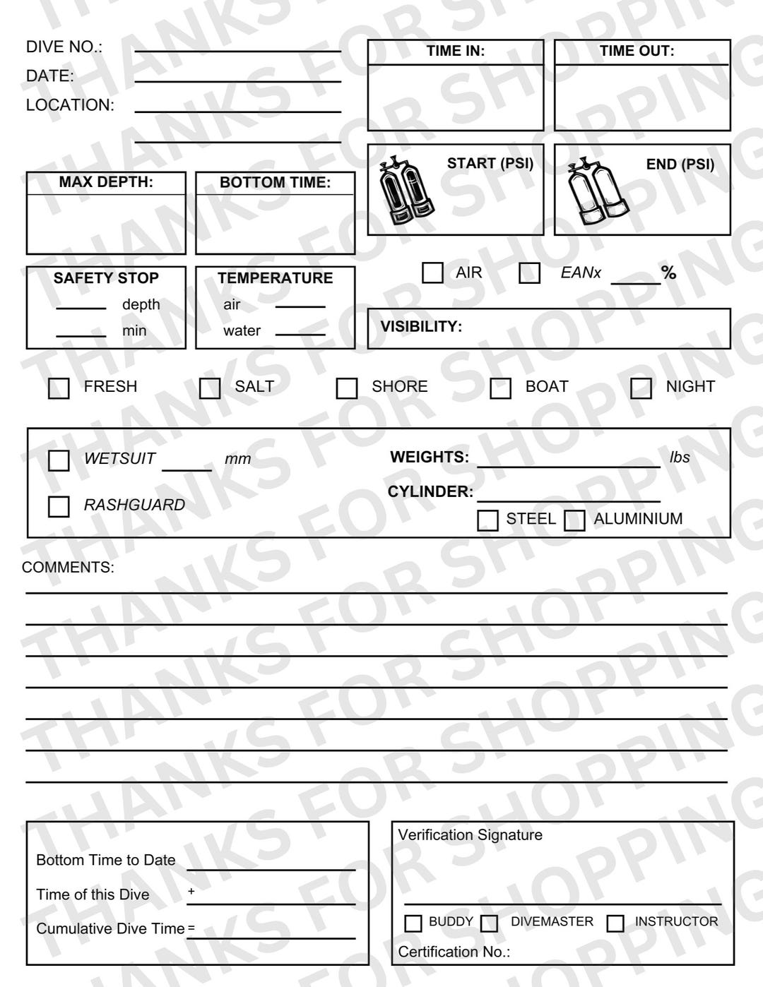 Scuba Dive Log, Full Page, Digital Product, NO PHYSICAL COPY - Etsy