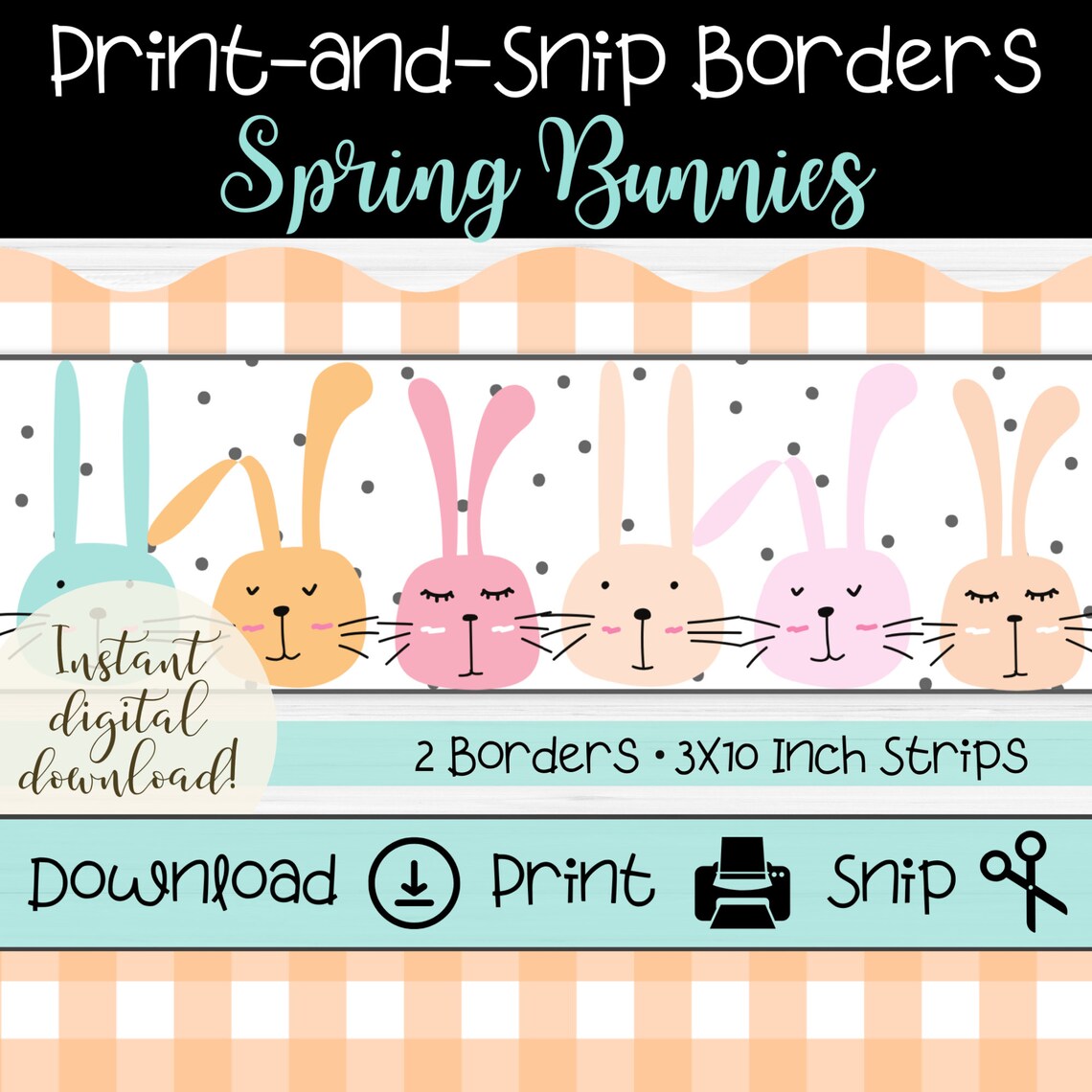 Spring Bunnies and Gingham Bulletin Board Borders, Printable Easter ...