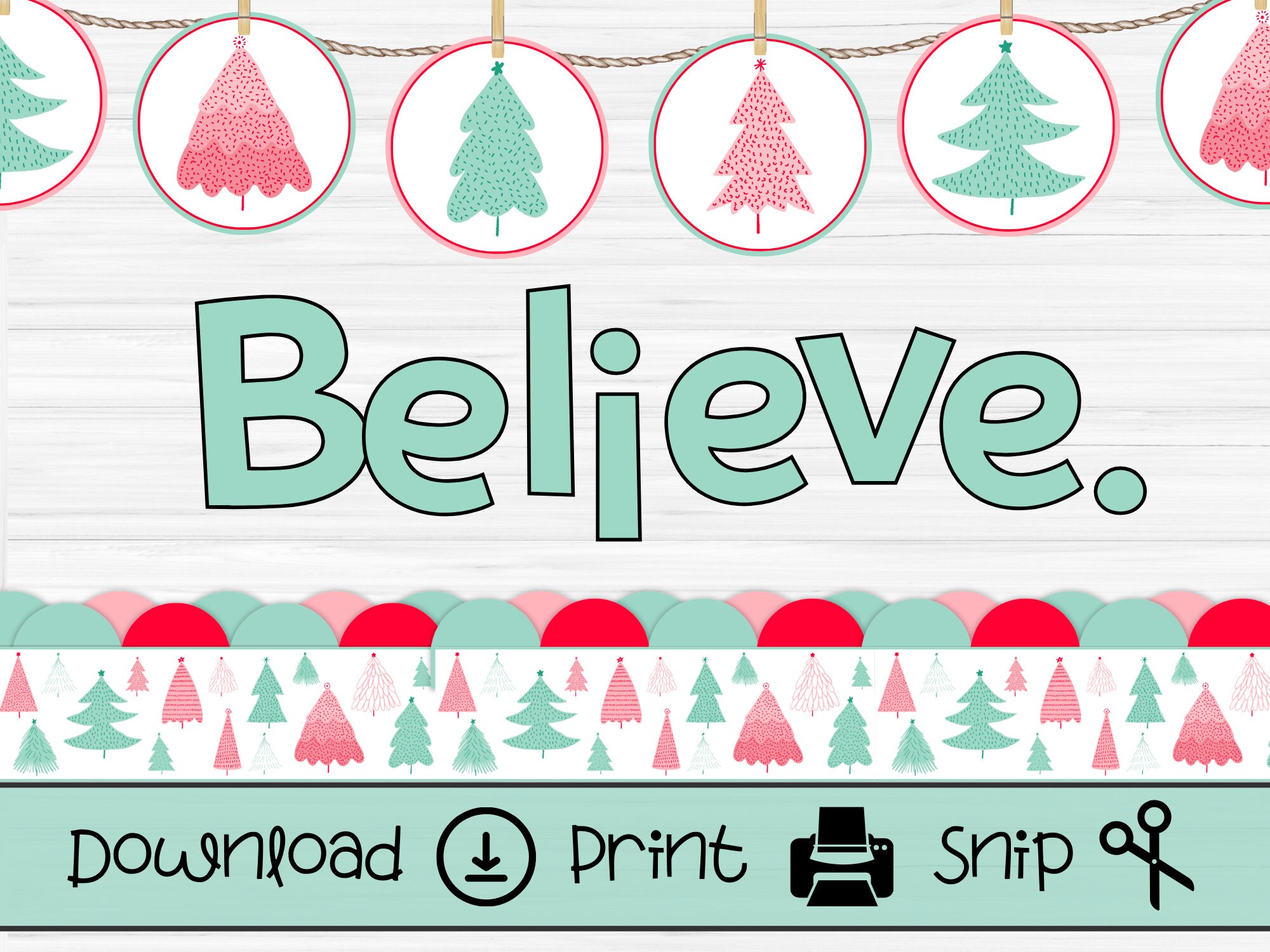 Christmas Bulletin Board Set Printable Holiday Borders & Big Green ...