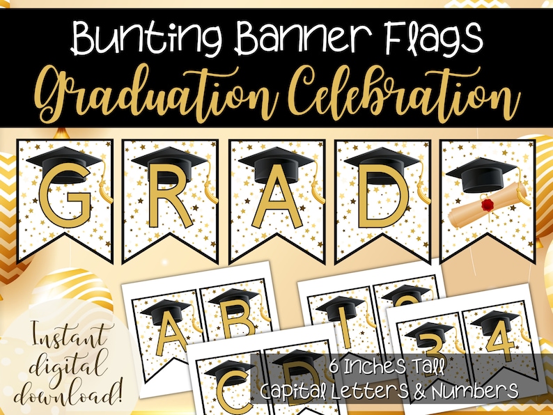 Graduation Bunting Banner: Gold Stars, Letters, Numbers (digital ...