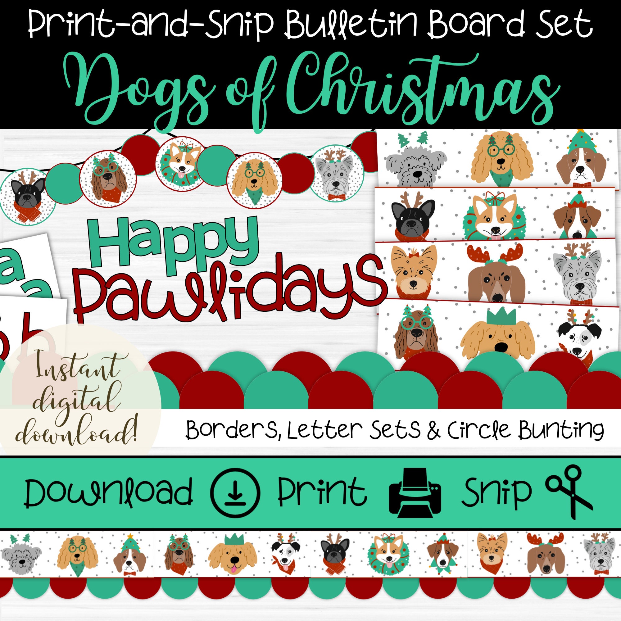 Christmas Dogs Bulletin Board Theme Set Printable Dog Face Borders ...