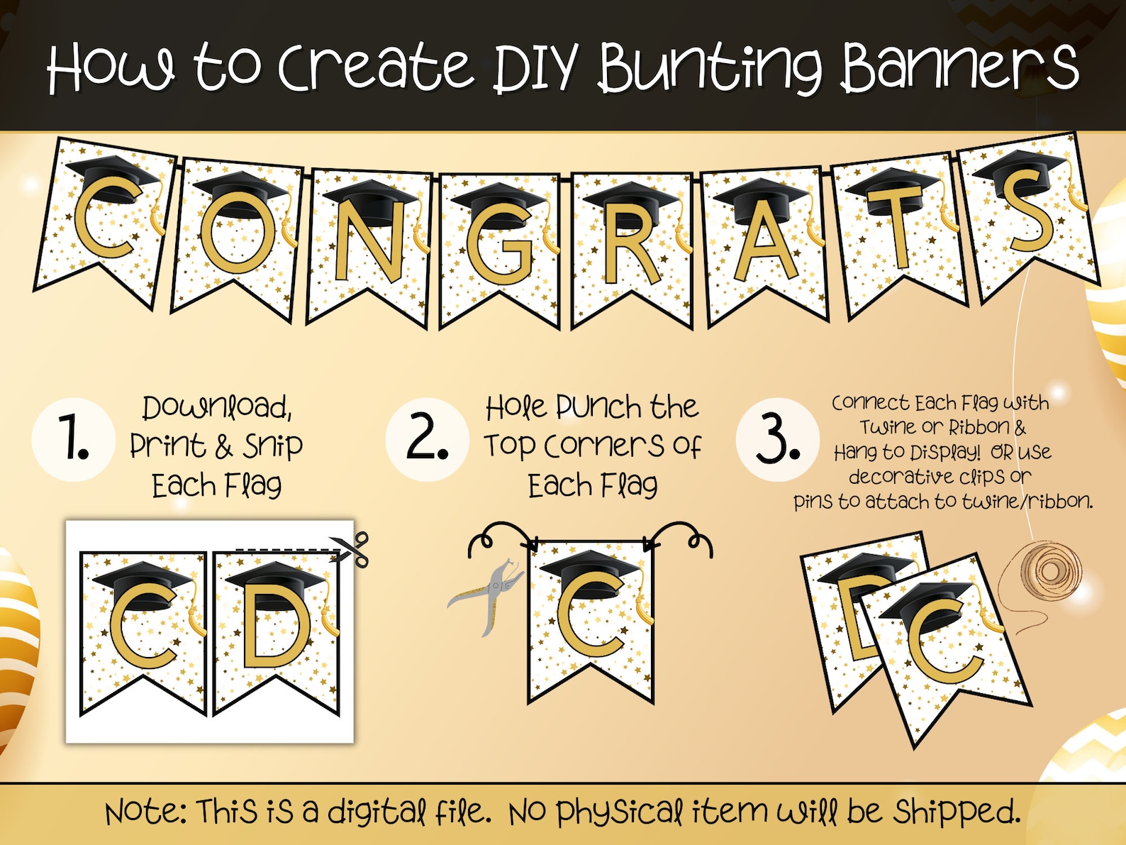 Graduation Bunting Banner: Gold Stars, Letters, Numbers (digital ...