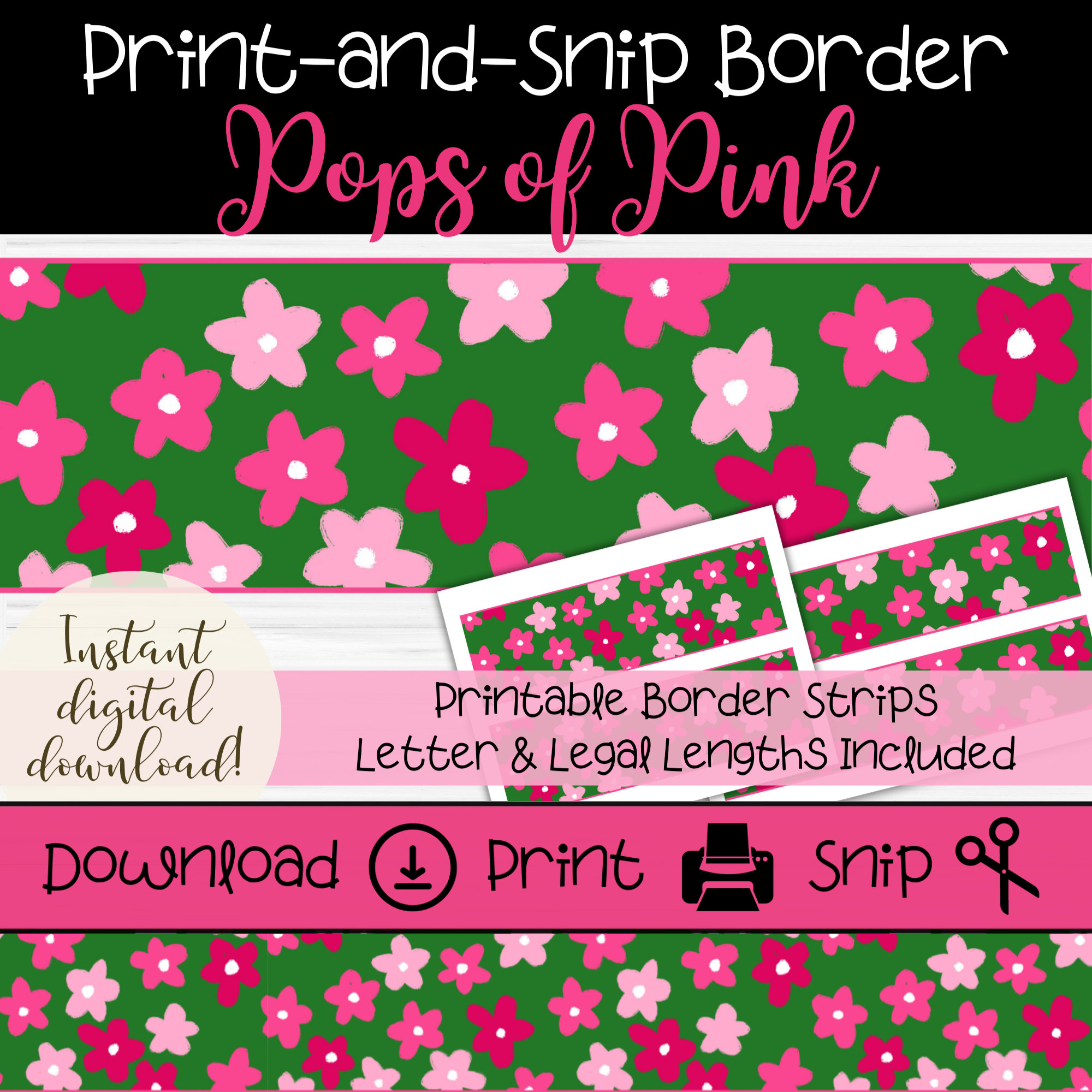 Pink Floral Bulletin Board Border, Printable Spring Border Strips ...