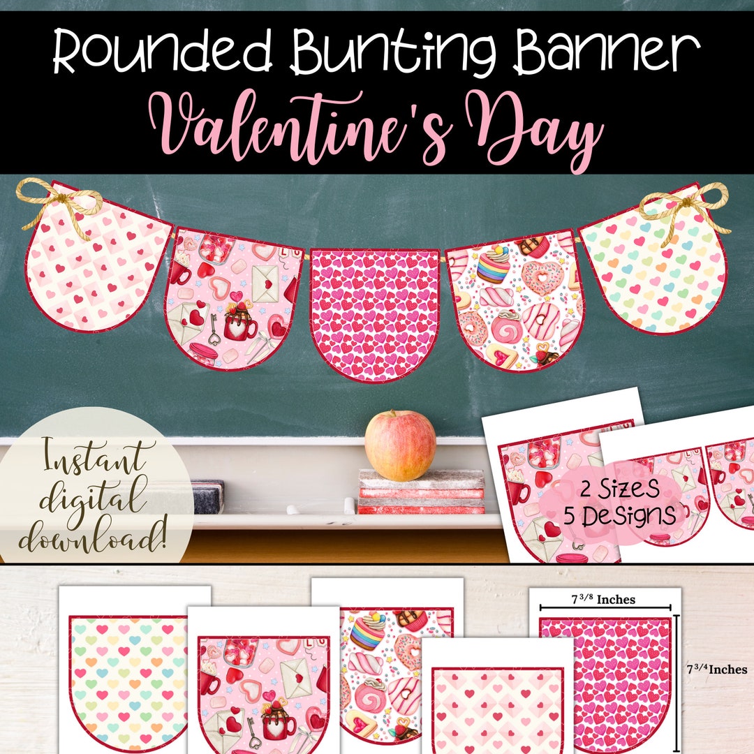 Valentine's Day Rounded Bunting Flags, Printable DIY Valentine Decor ...
