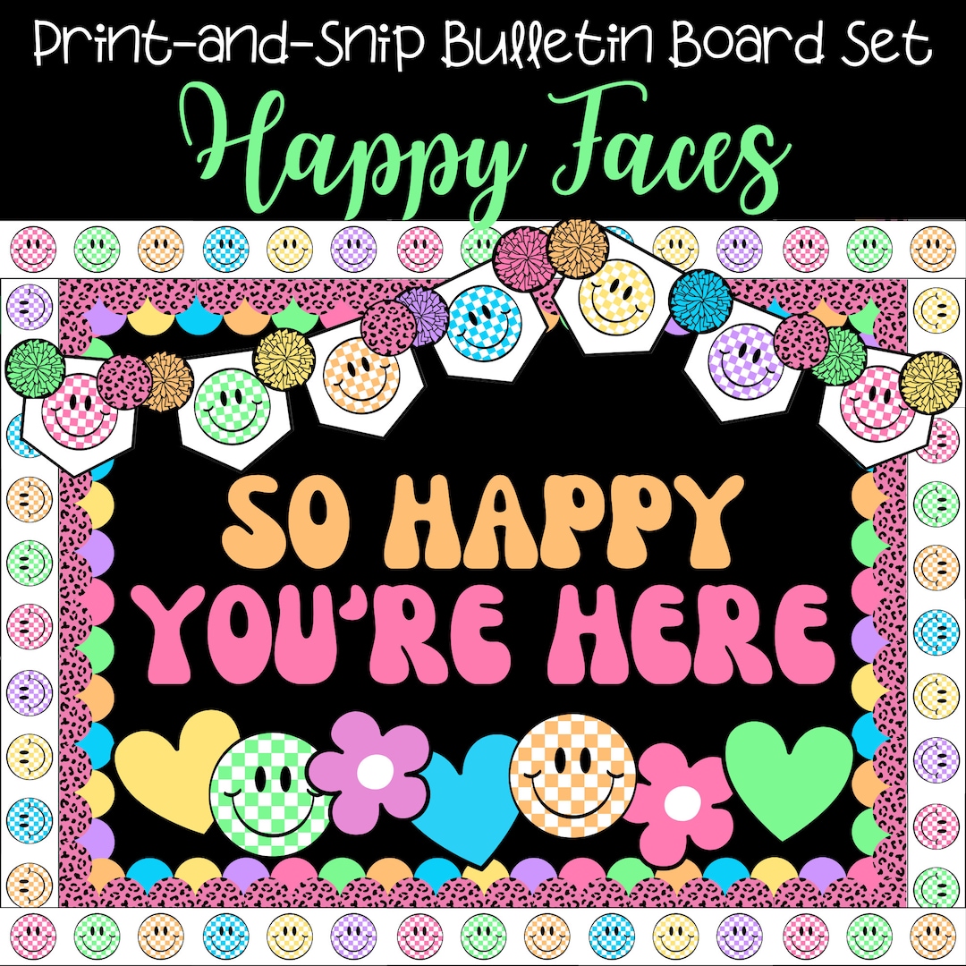 Printable Classroom Bulletin Board Kit, Retro Happy Face Theme Set ...
