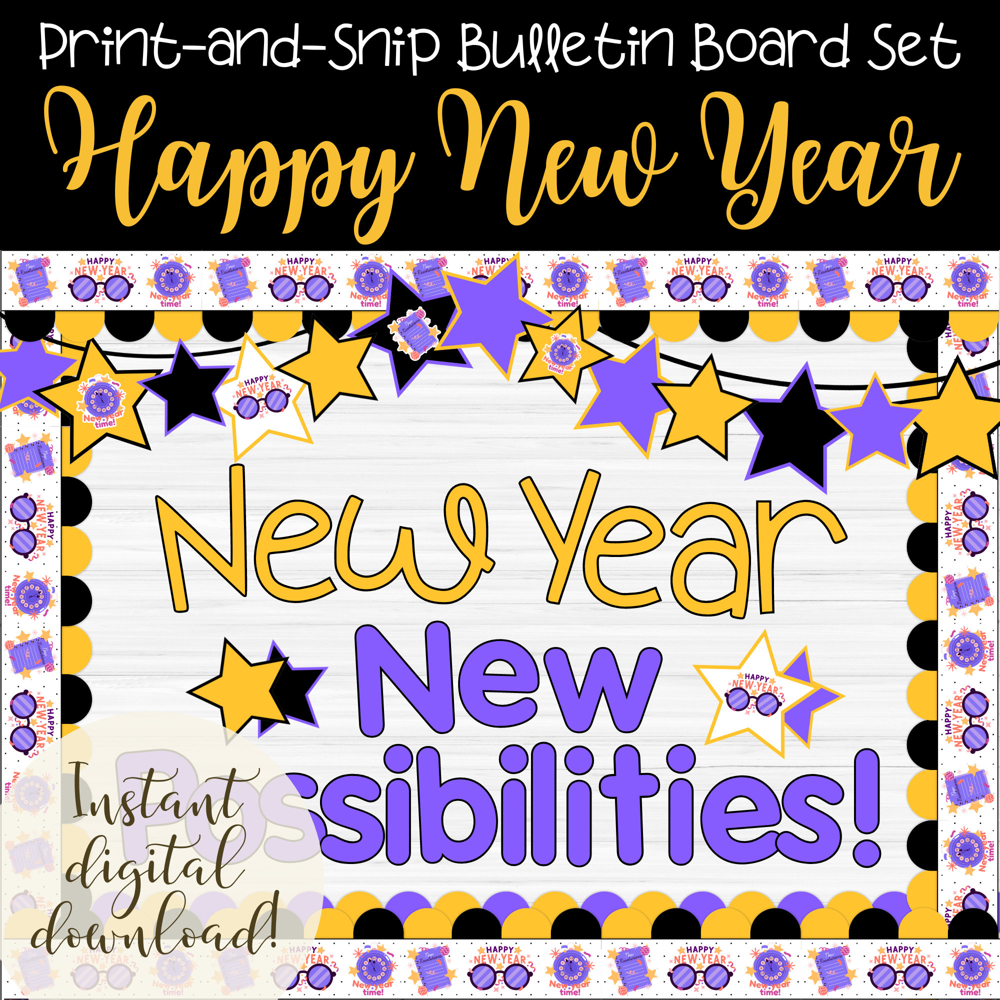 Happy New Year Bulletin Board Theme Set Printable Bulletin Board ...