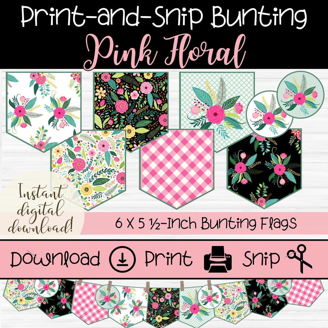 Pink Floral Bunting Banner Flags | Classroom Decor (digital Download ...