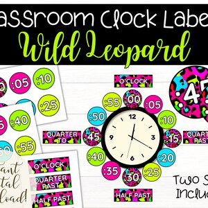 Classroom Wall Clock Labels | Kids Telling Time | Wild Leopard Print ...