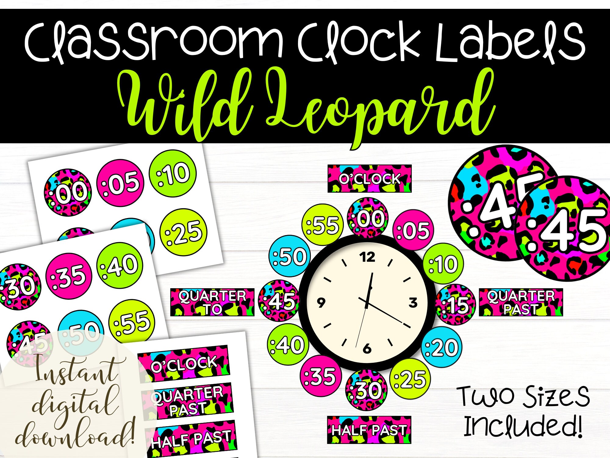 Classroom Wall Clock Labels | Kids Telling Time | Wild Leopard Print ...