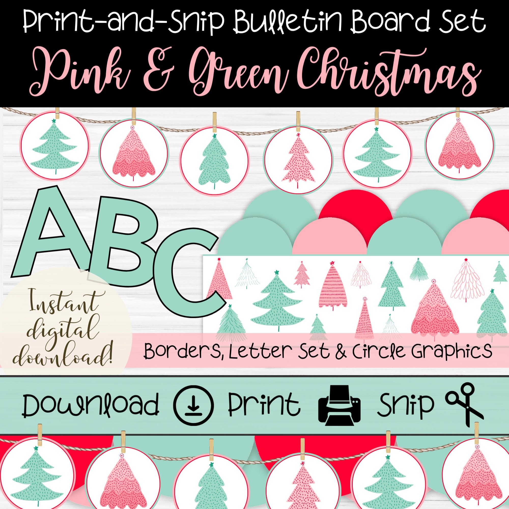 Christmas Bulletin Board Set Printable Holiday Borders & Big Green ...