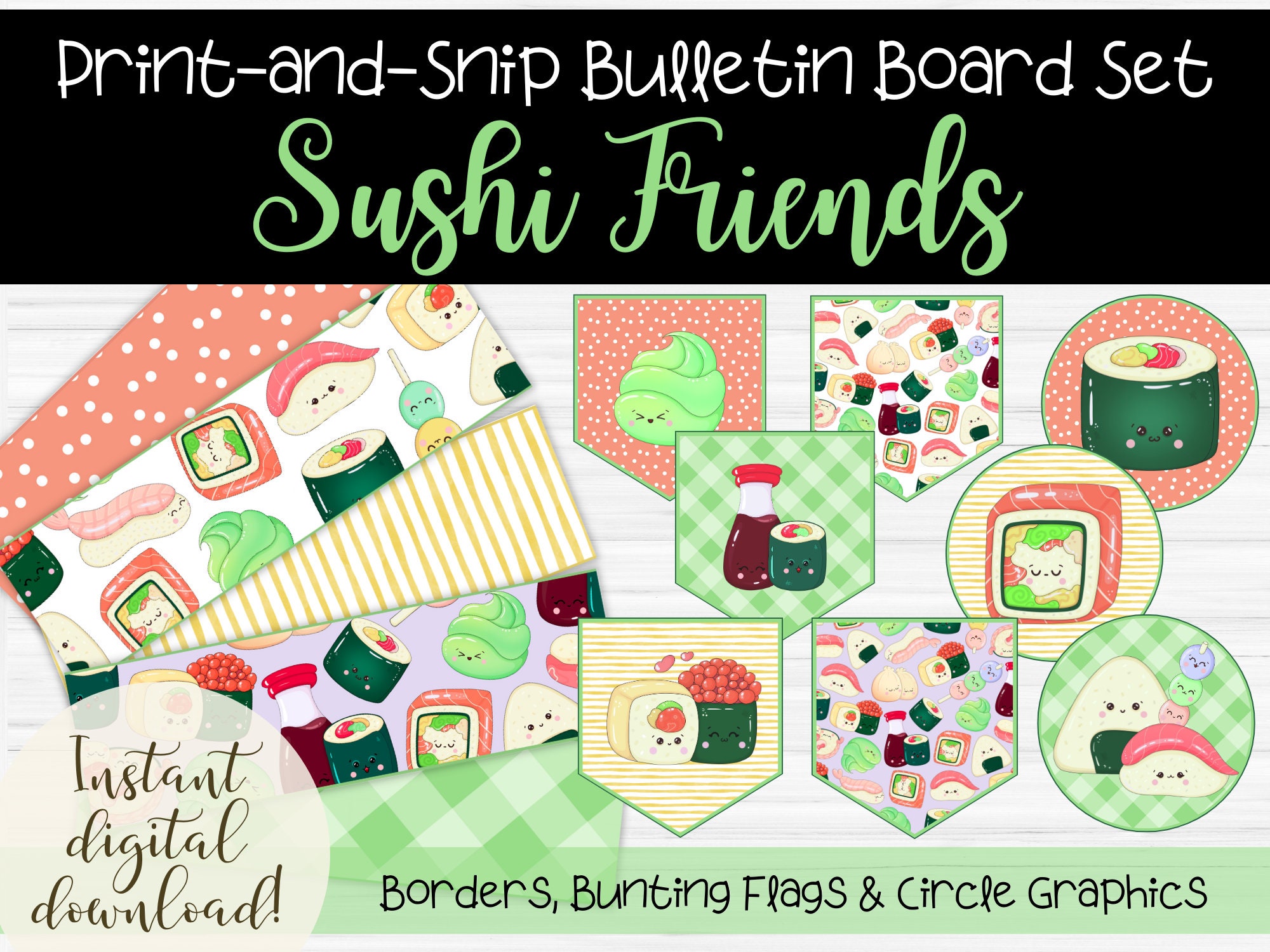 Sushi Friends Bulletin Board Set Printable Sushi Borders Bunting Banner ...