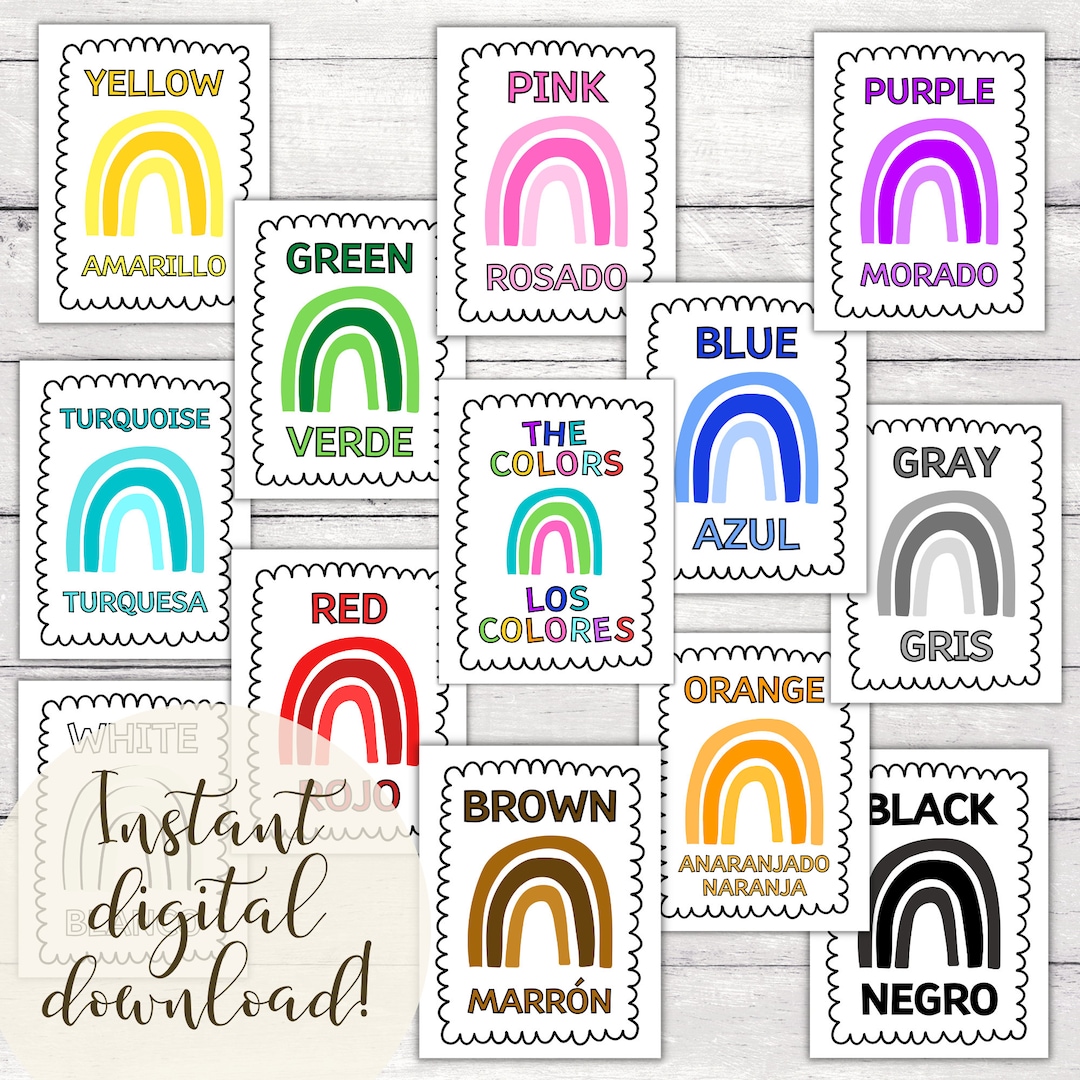 Bilingual Colors Poster Set: Rainbow Theme, Spanish & English (digital ...