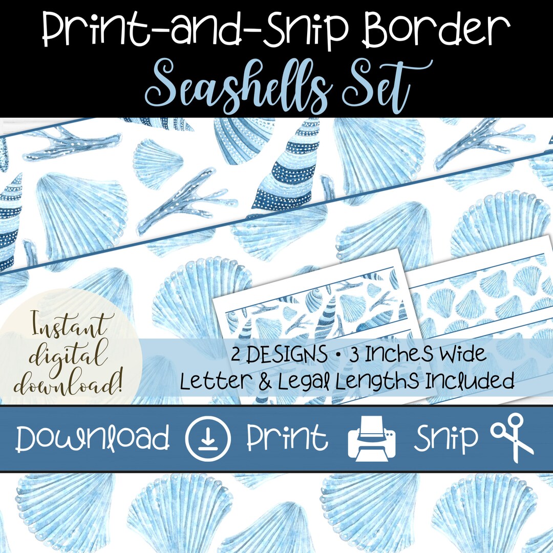 Bulletin Board Borders in Blue Seashell Pattern, Printable Trim Set for ...
