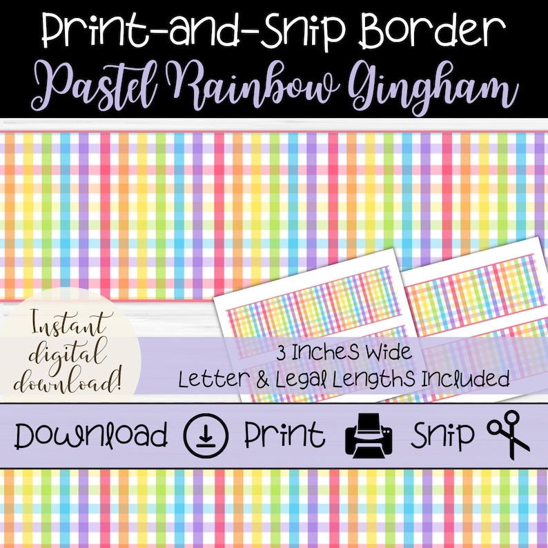 Bulletin Board Border in Pastel Rainbow Gingham, Printable Trim for ...
