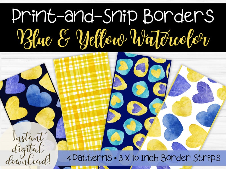 Watercolor Hearts Bulletin Board Borders Printable Blue & Yellow Border ...