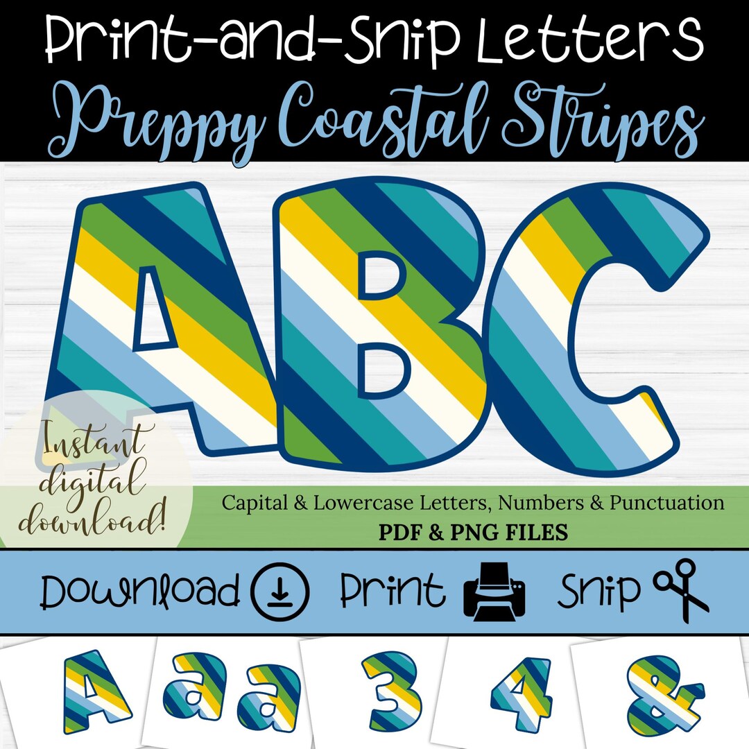 Striped Letters for Classroom Bulletin Board: Preppy Coastal Theme (PDF ...