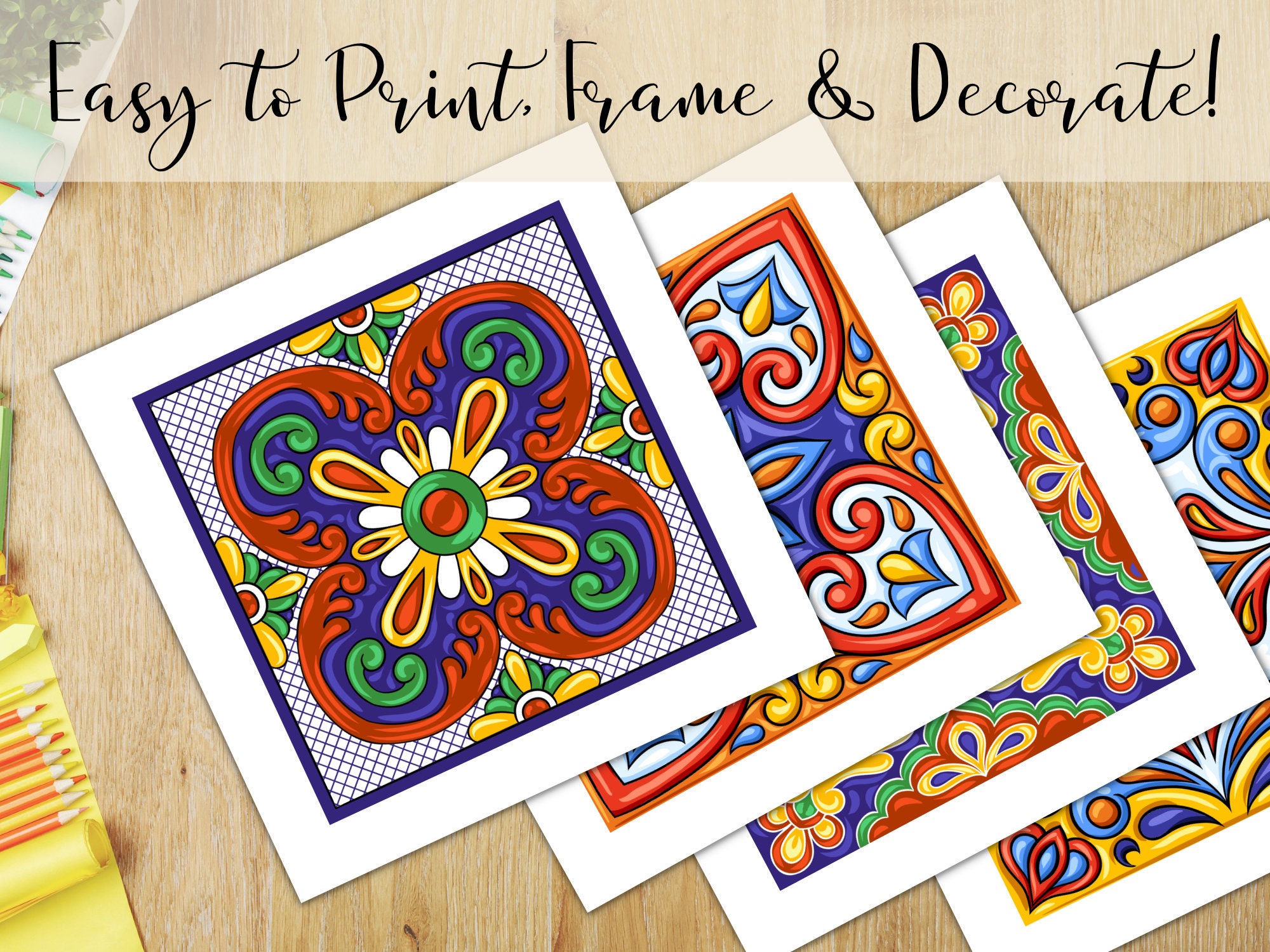 Mexican Talavera Tiles Digital Prints Brightly Colored Spanish Tile ...