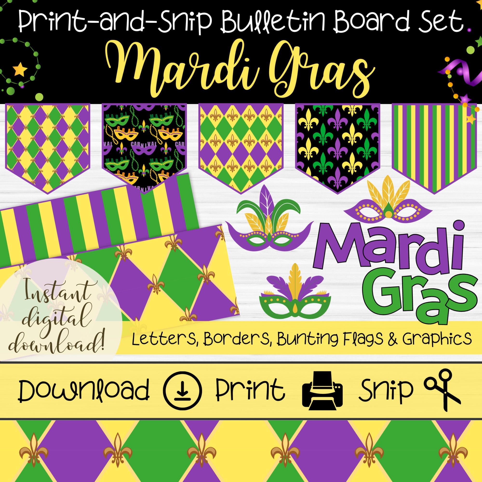 Mardi Gras Bulletin Board Set Printable Carnival & Mardi Gras Classroom ...
