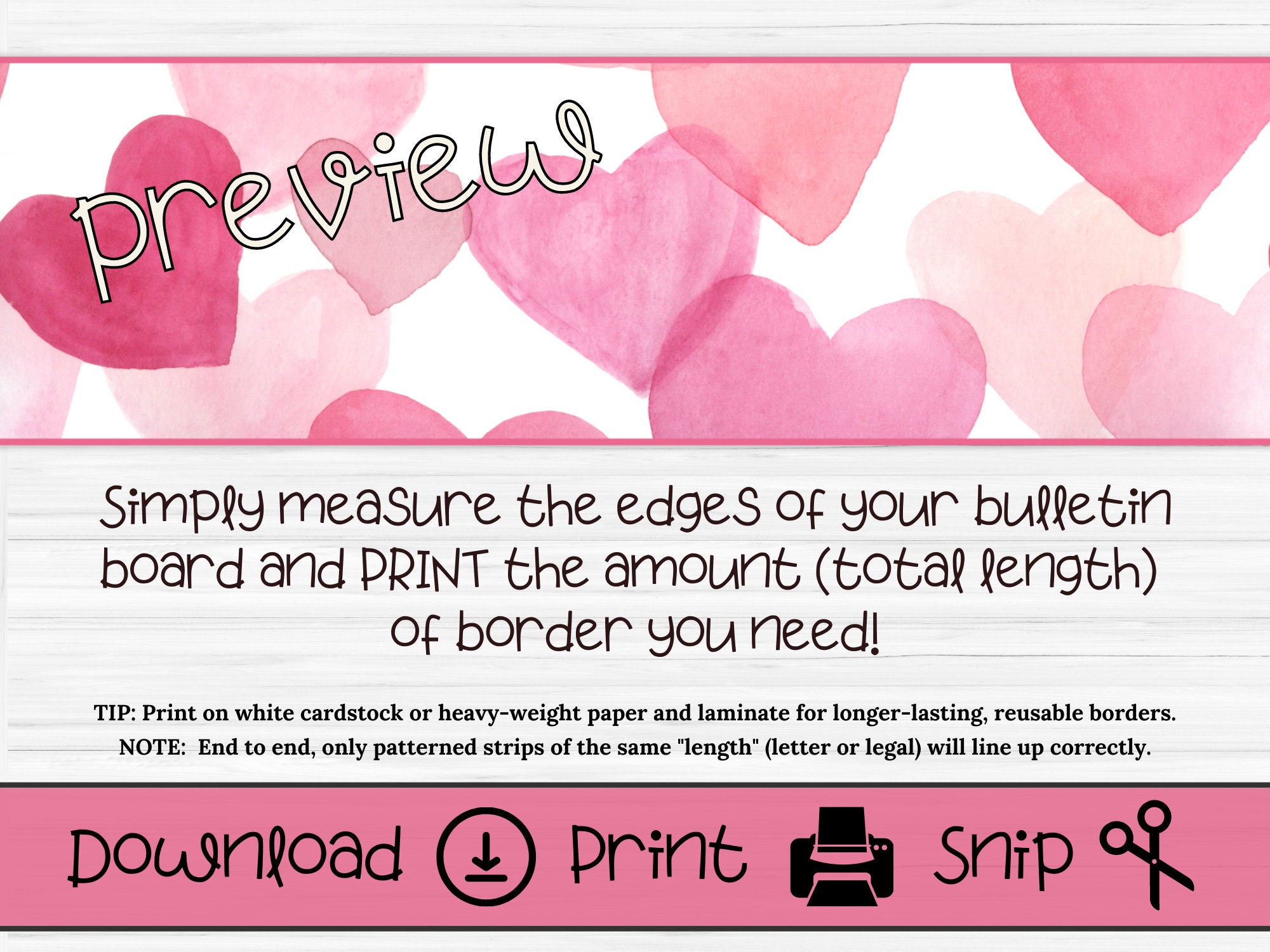 Printable Bulletin Board Border, Watercolor Valentine Hearts Trim for ...