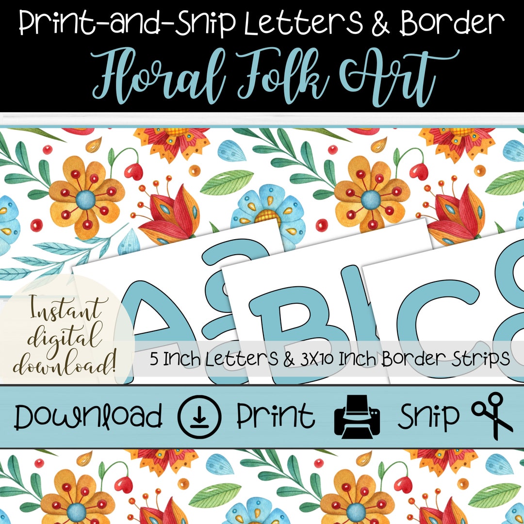 Printable Floral Folk Art Patterned Border and Blue Letter Set for ...