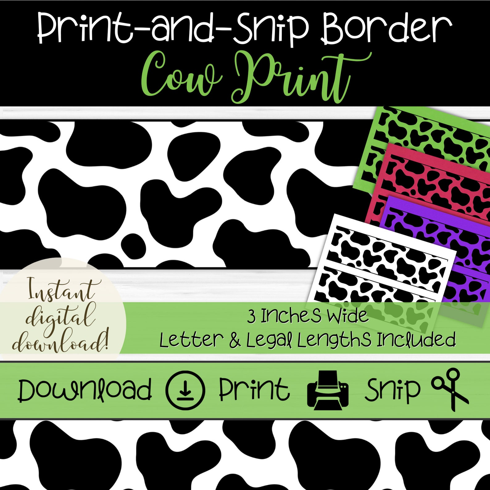 Cow Print Bulletin Board Border: Black Ink Printable Trim (digital ...