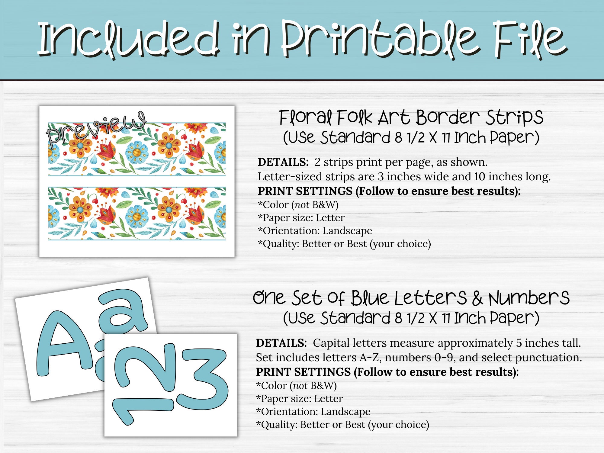 Printable Floral Folk Art Patterned Border and Blue Letter Set for ...