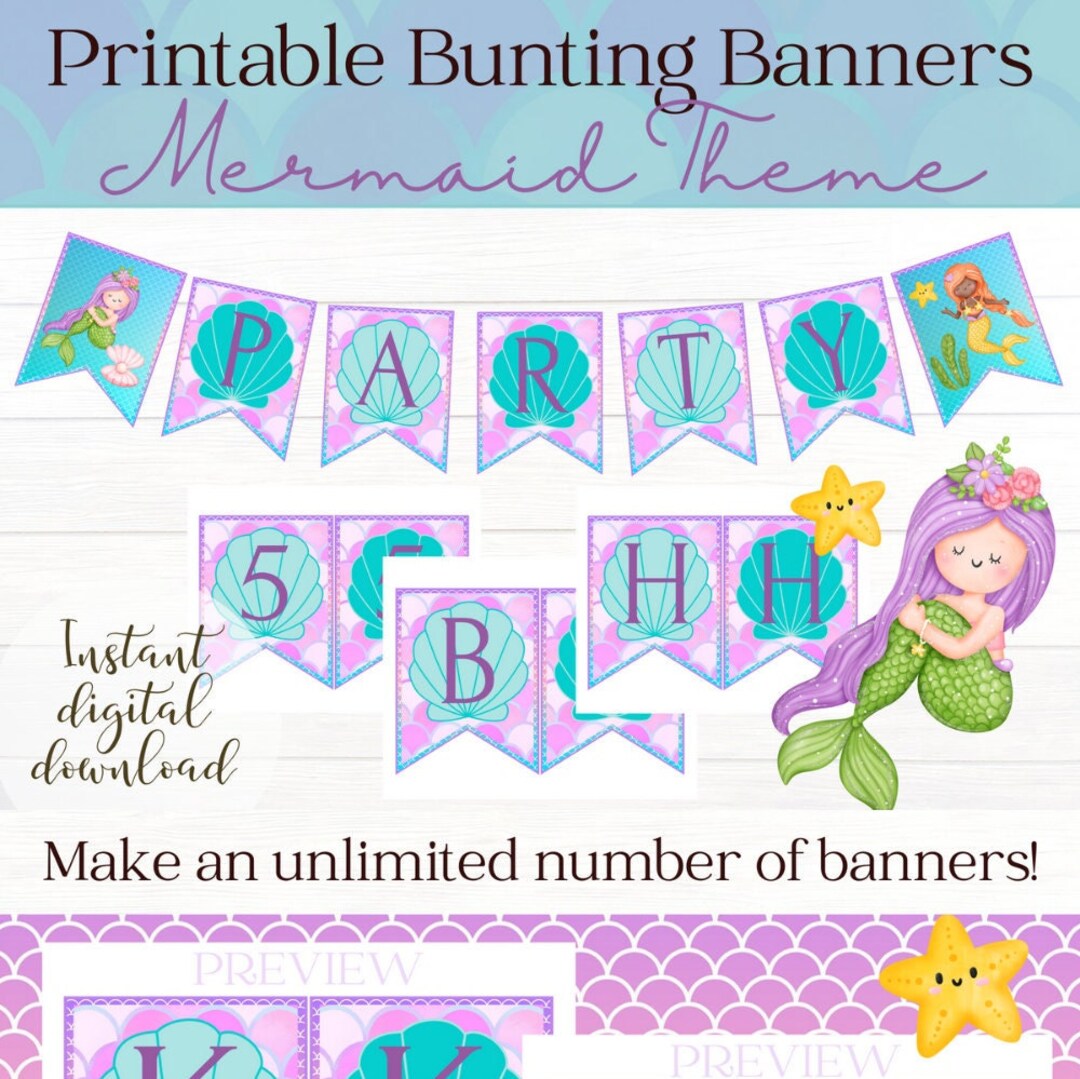 Printable Mermaid Bunting Banner Letters for Under the Sea Birthday ...