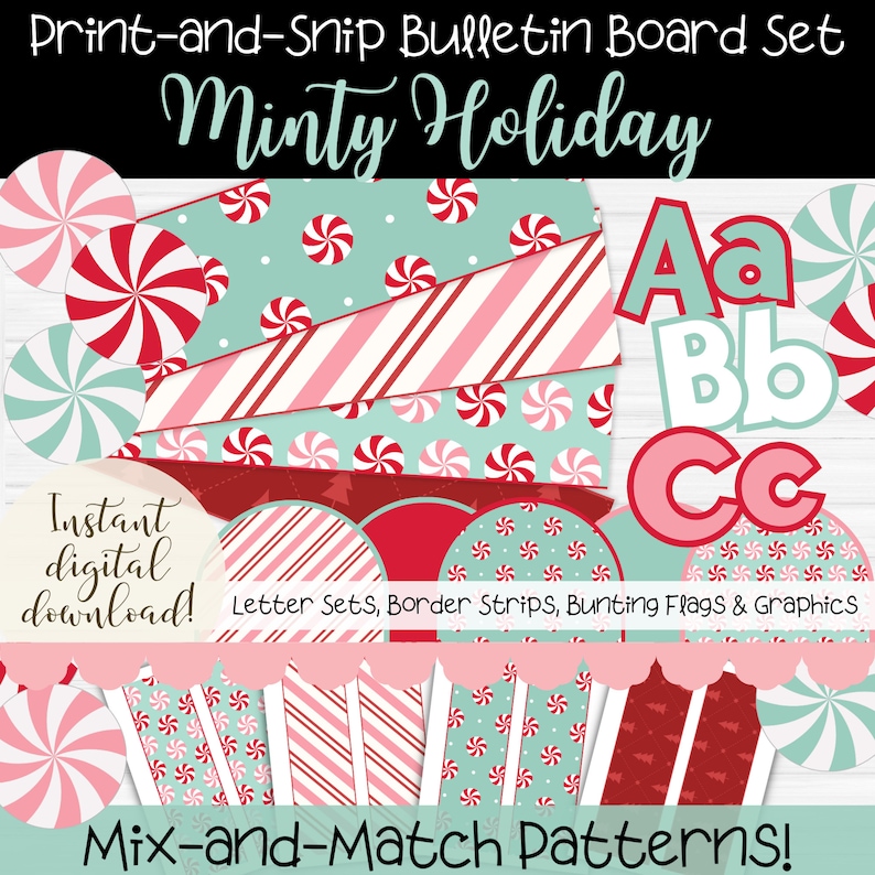 Mint Candy Holiday Bulletin Board Set Pink, Green & Red Christmas Theme ...