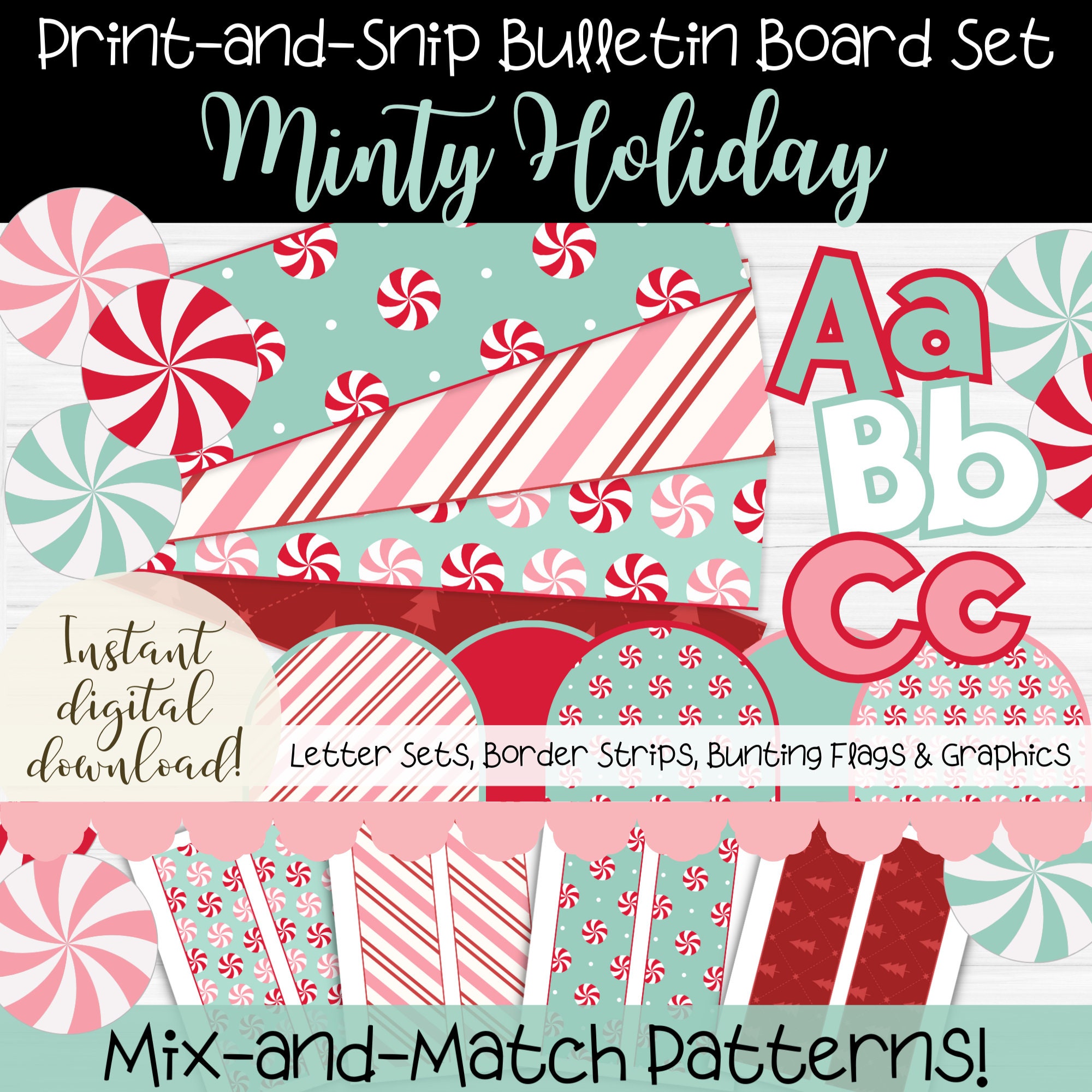 Mint Candy Holiday Bulletin Board Set Pink, Green & Red Christmas Theme ...