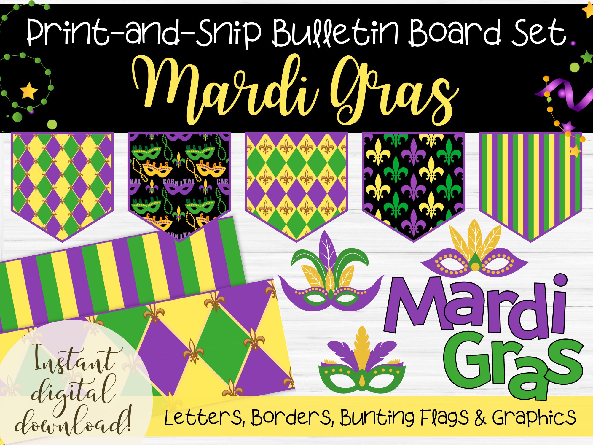 Mardi Gras Bulletin Board Set Printable Carnival & Mardi Gras Classroom ...